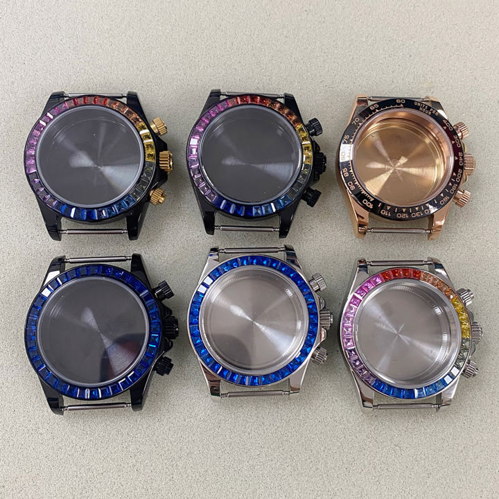 39MM Watch Case Black Steel Color Diamond Embellishment Colored Blue ...