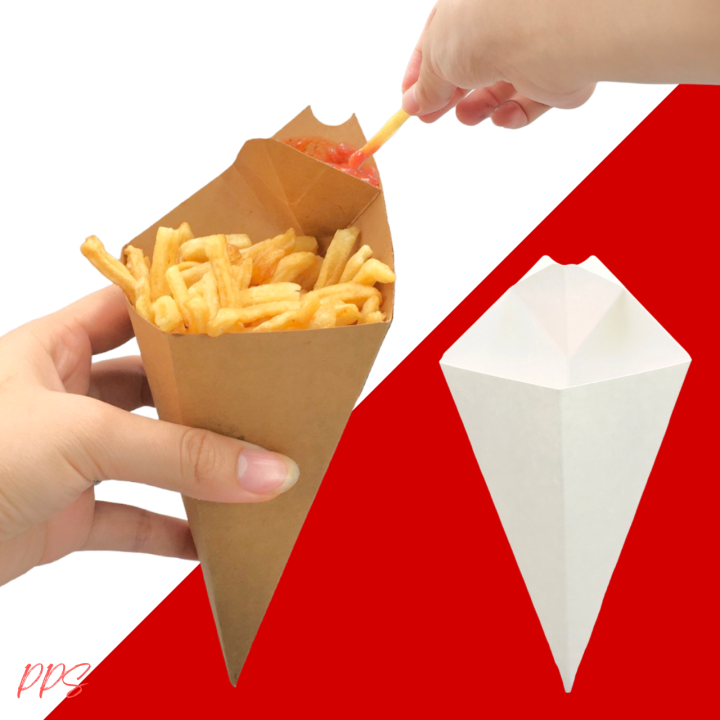 50pcs Cone Shape Fries Holder with Concave Sauce Division Kraft Paper 2 ...