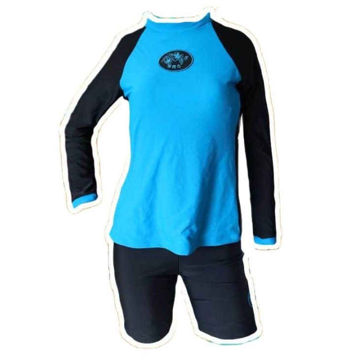 wmc TPS1-002-LB ชุดว่ายน้ำหญิง ทอม แขนยาว กันuv ขาสั้น ทูพีซ สีฟ้า แขน ...