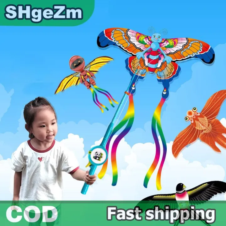 SHgeZm 2025 New Kids Handheld Fishing Rod Kite With Tails Outdoor ...