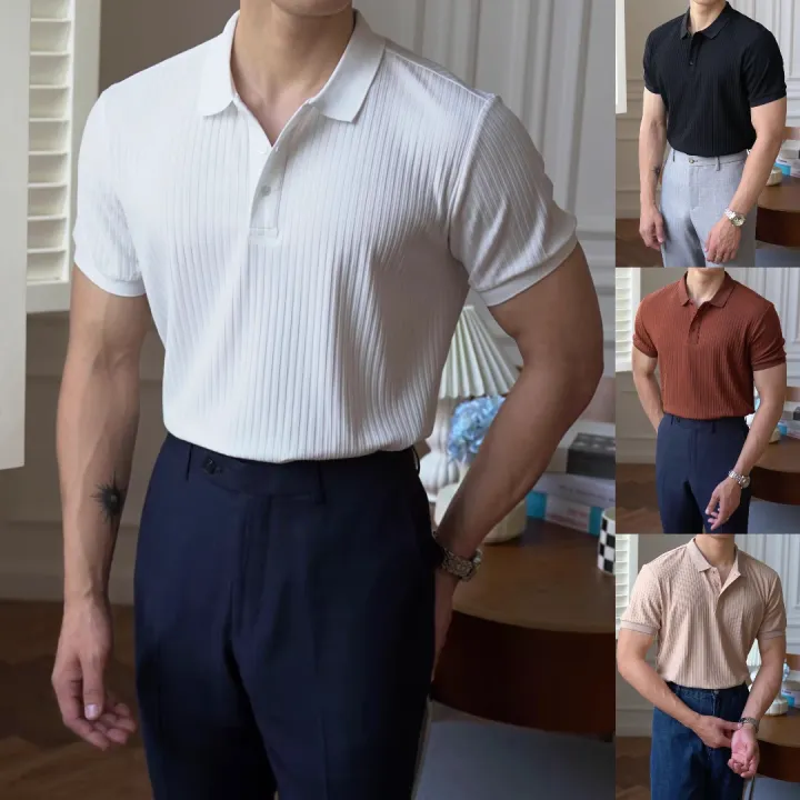Babyuki Korean Striped Texture Short Sleeve Polo Shirt For Men | Lazada PH