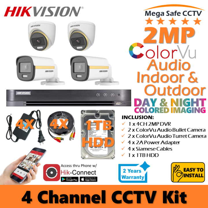 HIKVISION 4CH 2MP 4Cameras (2 Outdoor Bullet, 2 Indoor Turret) ColorVU ...