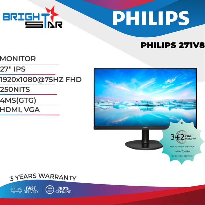 PHILIPS 271V8 / 27" IPS / 1920x1080@75HZ FHD / 250NITS / 4MS(GTG) / HDMI, VGA / 3Y ONSITE / | Lazada