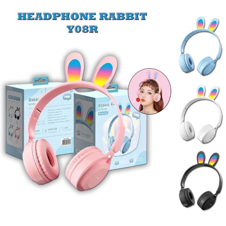 HEADPHONE BLUETOOTH Y08R Rabbit Ear Led Light Headphone Bando Kelinci ...