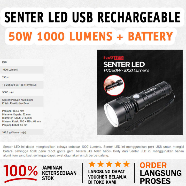 Senter LED | Chip P70 XHP50 1000 Lumens Aluminium Baterai 26650 Rechargeable - Black | Lazada ...