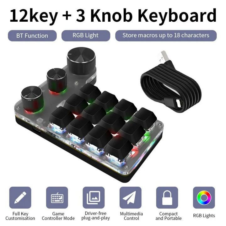 การเขียนโปรแกรมบลูทูธ Macro Custom 3 Knob Keyboard Rgb 12 Key Copy Paste Photoshop Gaming Keypad