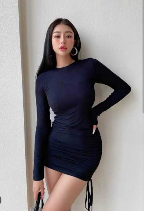Dress Bodycon Sexy Serut 1 Lengan Panjang / Mini Dress Bodycon Sexy ...