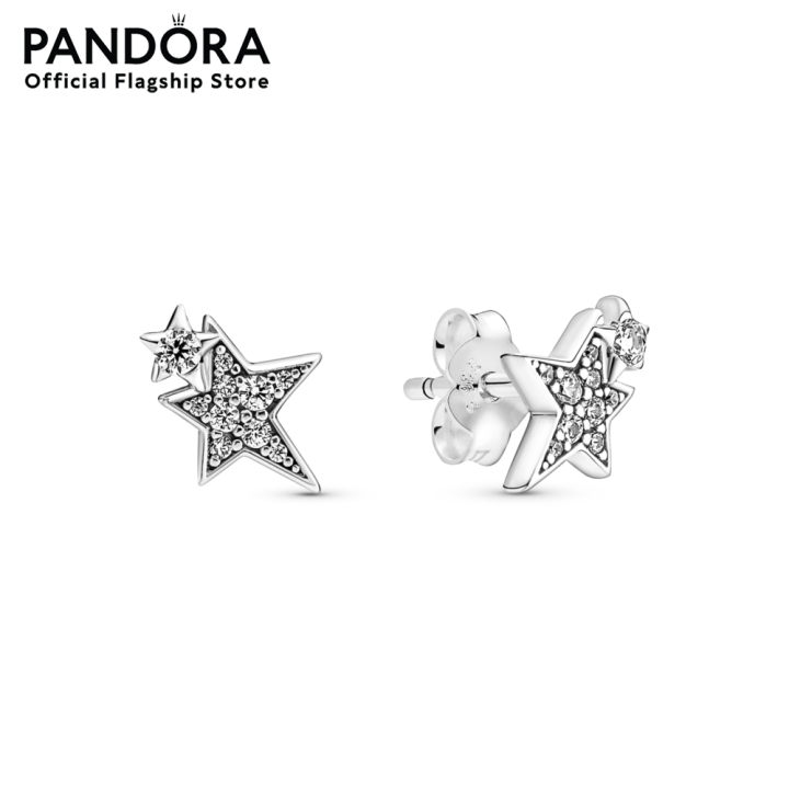 Pandora Double star sterling silver stud earrings with clear cubic ...