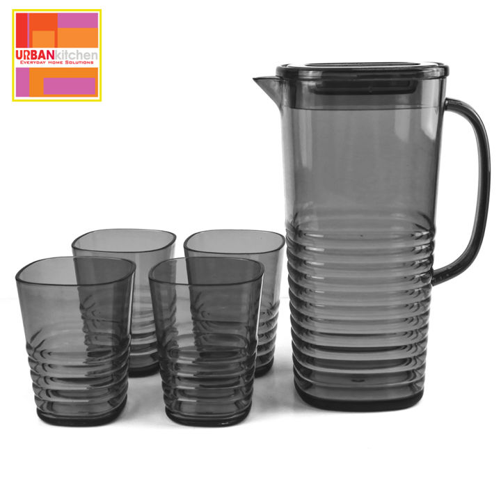 Urban Kitchen Ribbed Square Pitcher 1.9LWith 4Pc Tumbler Set--Smoke ...