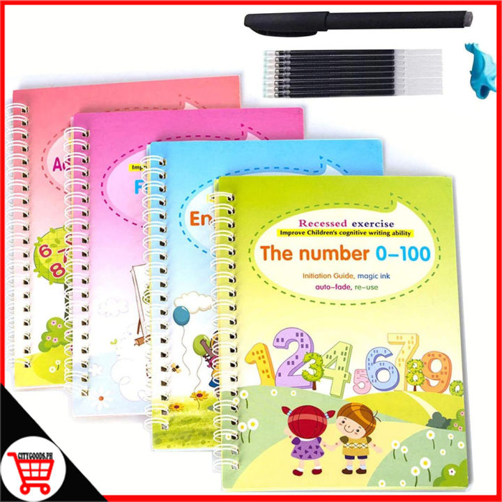 City Goods 4 in 1 Reusable Magic Practice Writing Notebook Set with Pen ...