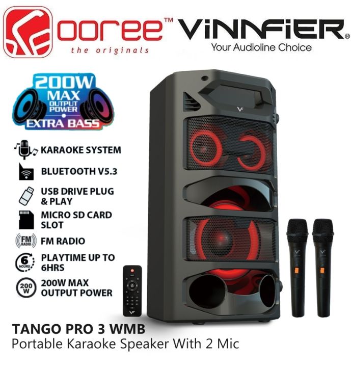 VINNFIER TANGO PRO 3 WMB BLUETOOTH PORTABLE KARAOKE SPEAKER WITH FM RADIO & REMOTE FREE 2 UHF ...