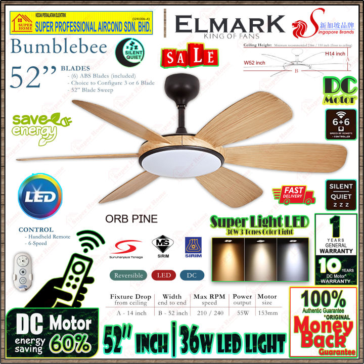Elmark Ceiling Fan Elmark Bumblebee 52 inch Remote Control (6 Blades ...