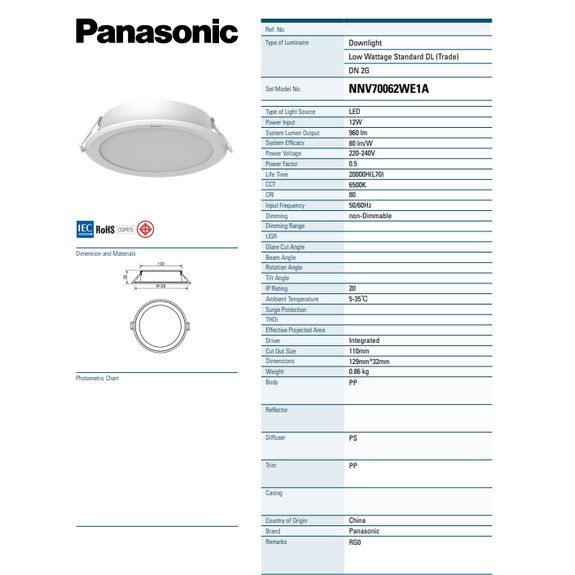 MP ส่งฟรี Panasonic ดาวน์ไลท์ พานาโซนิค LED Downlight ขนาด 9W 12W 15W 18W รุ่น DN-2G ถนอมสายตา ...