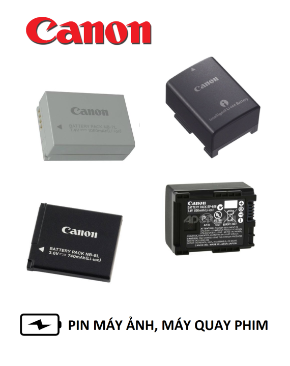 Pin & Sac dùng cho Máy ảnh CANON : LP-E8, LP-E6, LP-E5, NB-9L, NB-8L, NB-7L, NB-6LH, NB-4L, NB ...