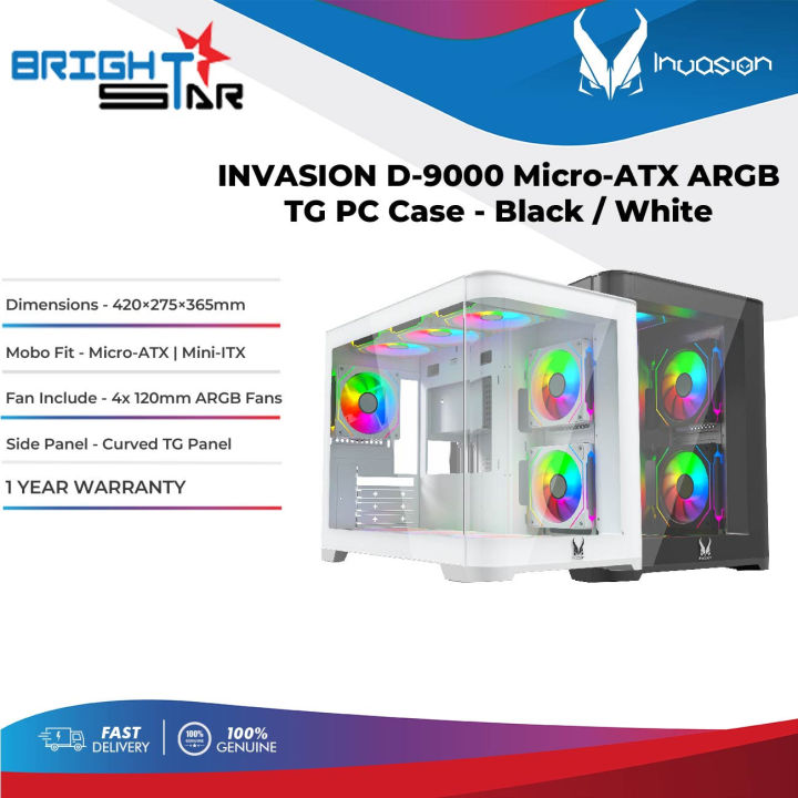 INVASION D-9000 Micro-ATX 4x 120mm ARGB Fans Micro-ATX PC Case - Black ...