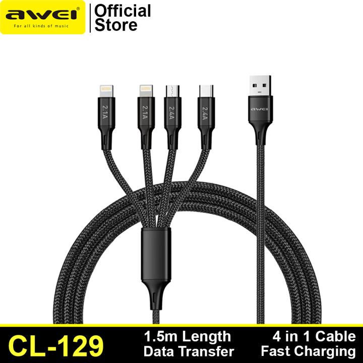 Awei CL-129 4 in 1 Multi Charging Cable Quick Charge Type-C, Light-ning ...
