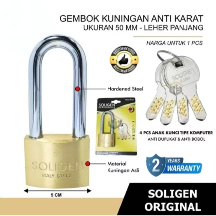 gembok soligen 50mm panjang/kuningan/kuat/tahan lama/aman | Lazada ...