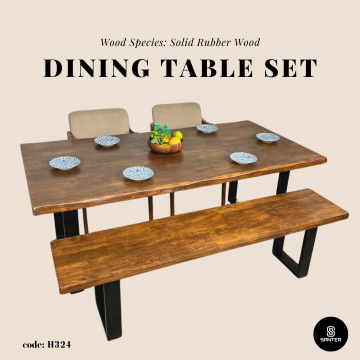 H324. Solid Rubber Wood Dining Table / Dining Bench / Dining Table Set ...