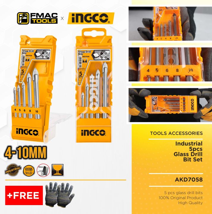 INGCO Industrial 5 Pcs Glass Drill Bit Set 4-10mm For Glass AKD7058 + FREEBIES FMAC TOOLS ...