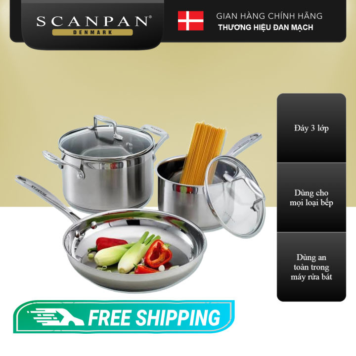 Bộ 3 nồi chảo inox đáy từ Scanpan Impact 71030000, thiết kế 3 lớp, dùng ...