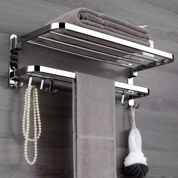 40/50/60cm SUS304 Stainless Steel Towel Racks With Shelf Hooks Foldable ...