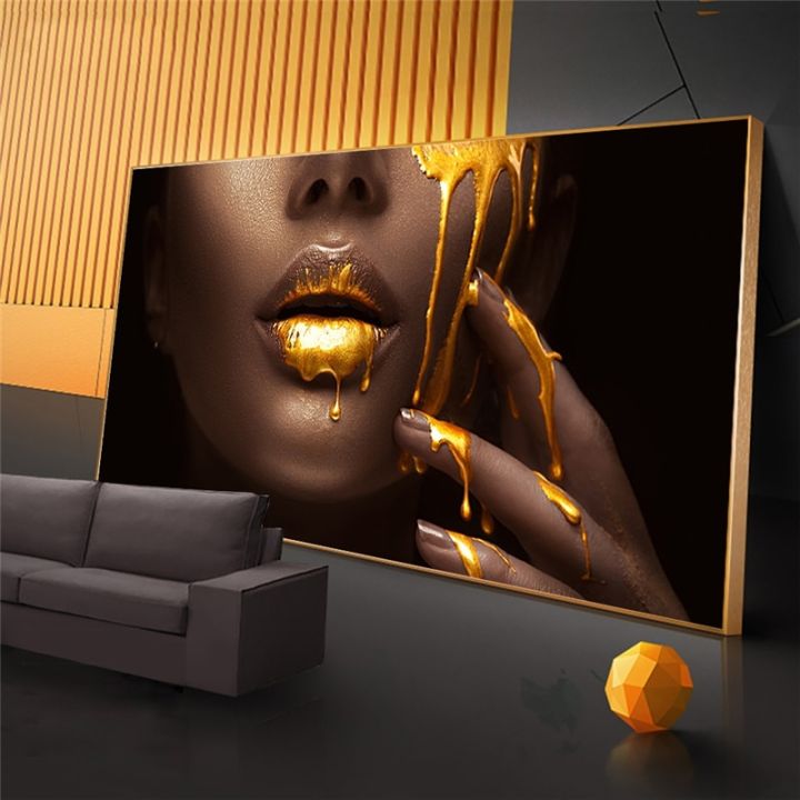 Big Size Women Face with Golden Liquid Canvas Painting on The Wall Art ...