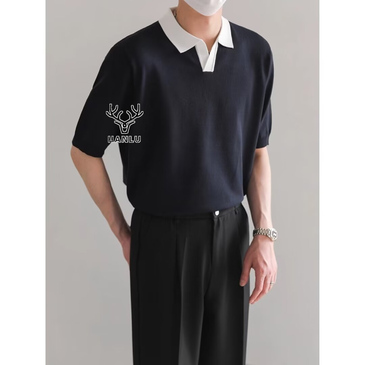 Hanlu เสื้อโปโลถักคอปกสีตัดกันแบบหลวมสไตล์เกาหลี,เสื้อยืดแขนสั้นผู้ชาย ...