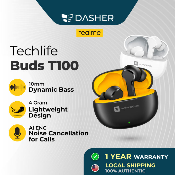 realme Techlife Buds T100 TWS Wireless Earphones 5.3 Bluetooth In-Ear ...