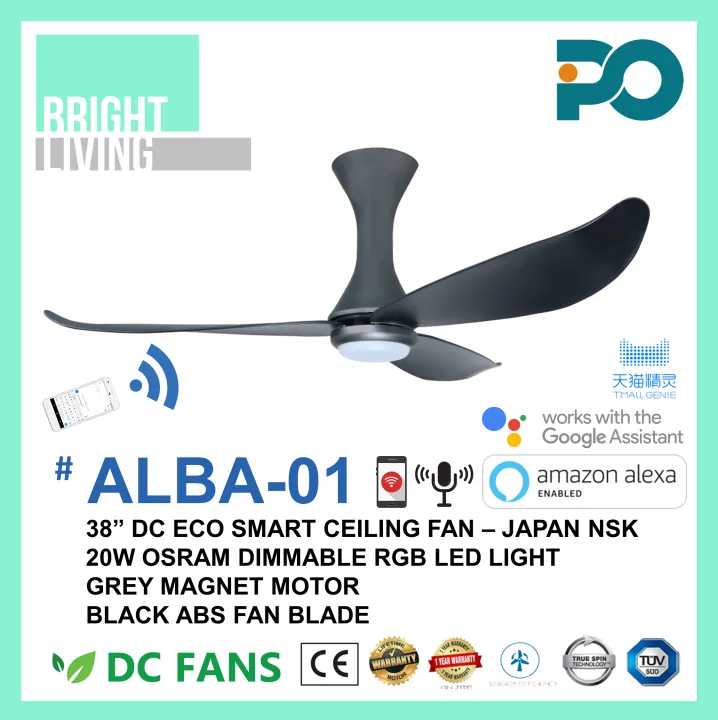 PO ALBA-01 38" SMART WIFI-ENABLED DC-Eco Ceiling Fan with 20W Dimmable ...