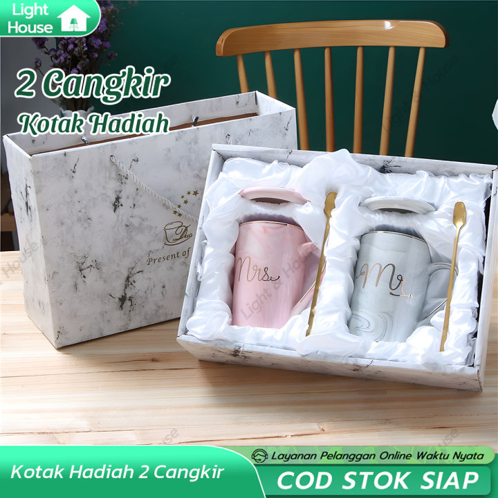 Light & House Gelas Couple Mug Set Mr & Mrs Set Gift Box /Cangkir Couple 301-420ml/gift/Mug ...