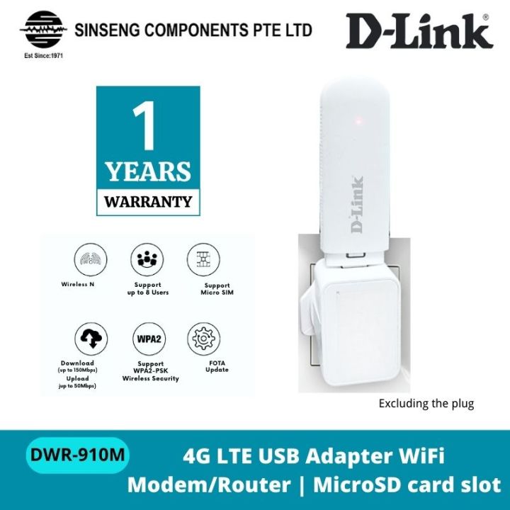 D-Link DWR-910M 4G LTE MicroSD Sim Card Wi-Fi Modem/ Router USB Adapter ...