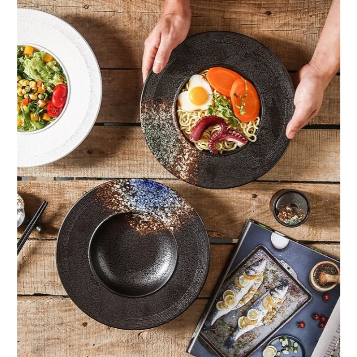 ASHOME piring keramik pasta dengan pinggiran lebar motif galaxy stone ...