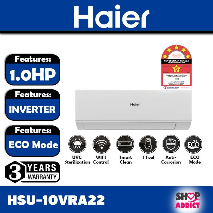 Haier R32 5-STAR Inverter Air-conditioner UV COOL SMART Inverter Aircond HSU-10VRA/13VRA 1.0HP 1 ...