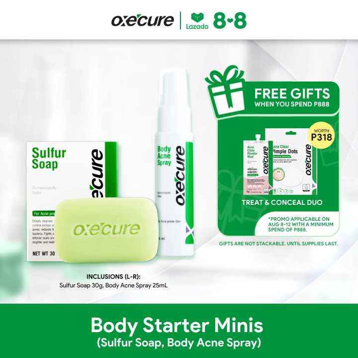 OXECURE Body Starter Minis (Sulfur Soap 30g, Body Acne Spray with 2% ...