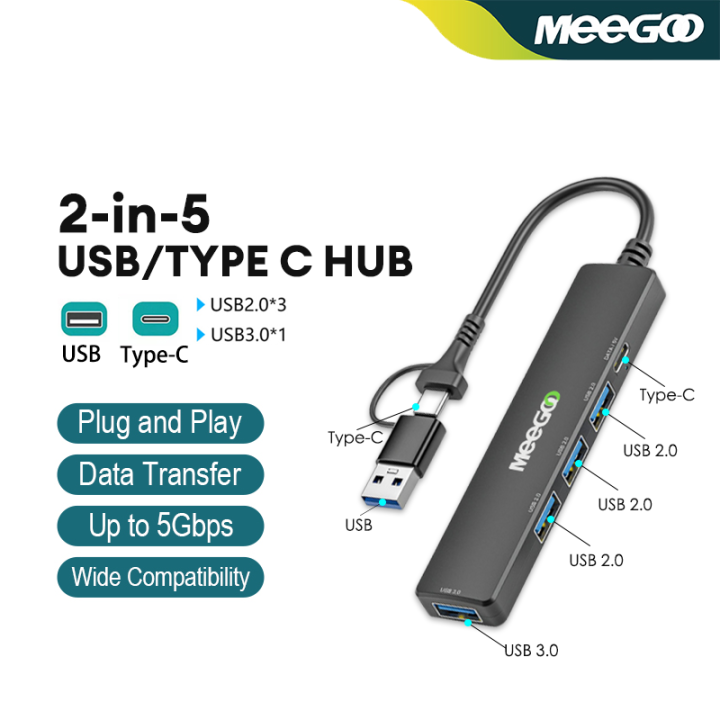 MeeGoo 2-in-5 USB/Type-C High Speed Hub Ultra-Thin Mini Portable 5-Port ...