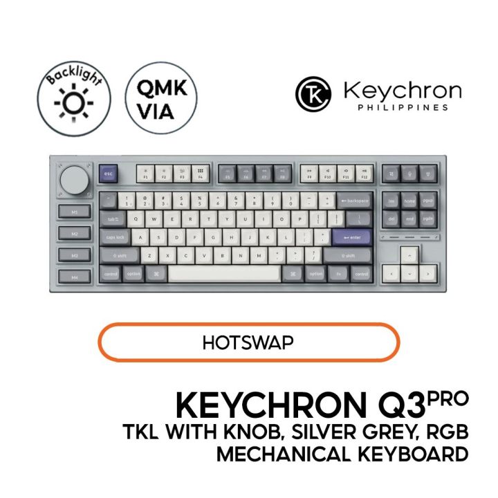 Keychron Q3 Pro with Knob QMK Mechanical Keyboard, Silver Grey, TKL ...