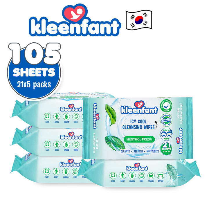 Kleenfant Menthol Fresh Icy Cool Cleansing Wipes 21 Sheets Pack of 5 ...