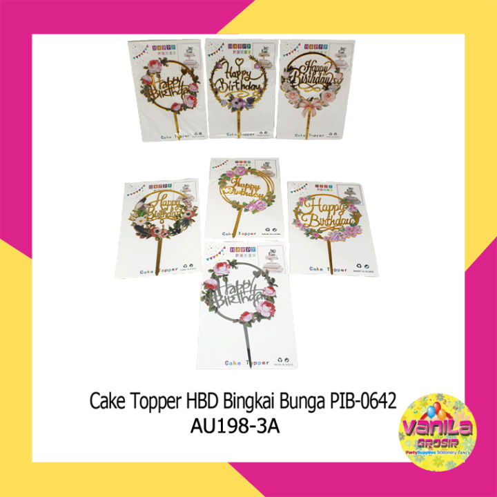 (1Pcs) Cake Topper Akrilik HBD Bingkai Motif Bunga, cake topper bingkai ...