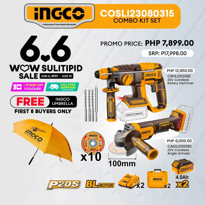 INGCO 2pcs Combo Kit Cordless Rotary Hammer with Angle Grinder ...