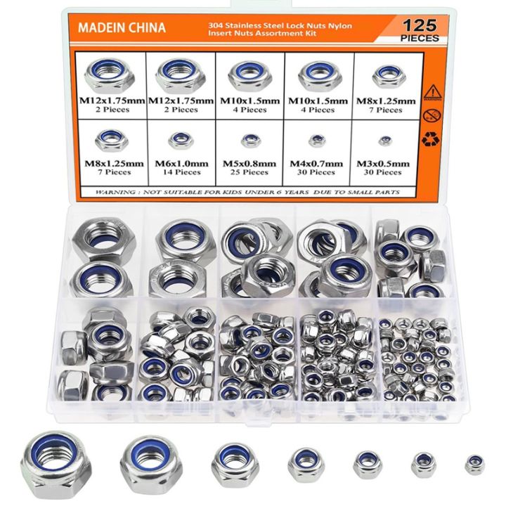 125pcs Nylon Hex Lock Nut Set 304 Stainless Steel Locknut M3 M 4 M5 M6 ...