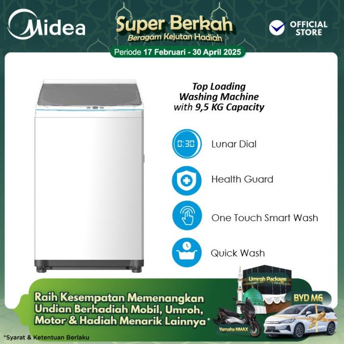 Midea Top Load Washing Machine 9.5kg - MA100W95 - One Touch Smart Wash ...