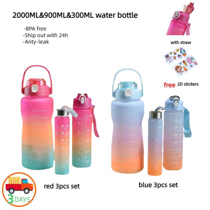 Three-piece set Cute Color Plastic Water Bottle with Food Grade Straw ...
