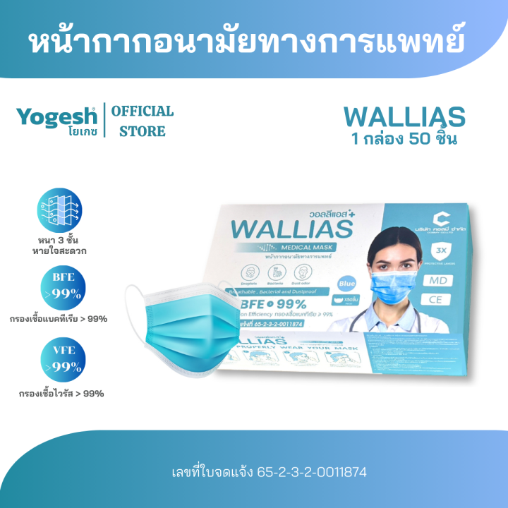 หน้ากากอนามัย (กล่องละ50ชิ้น) BFEมากกว่า99% หน้ากากอนามัยทางการแพทย์ 3ชั้น Wallias วอลลิแอส 4สี ...