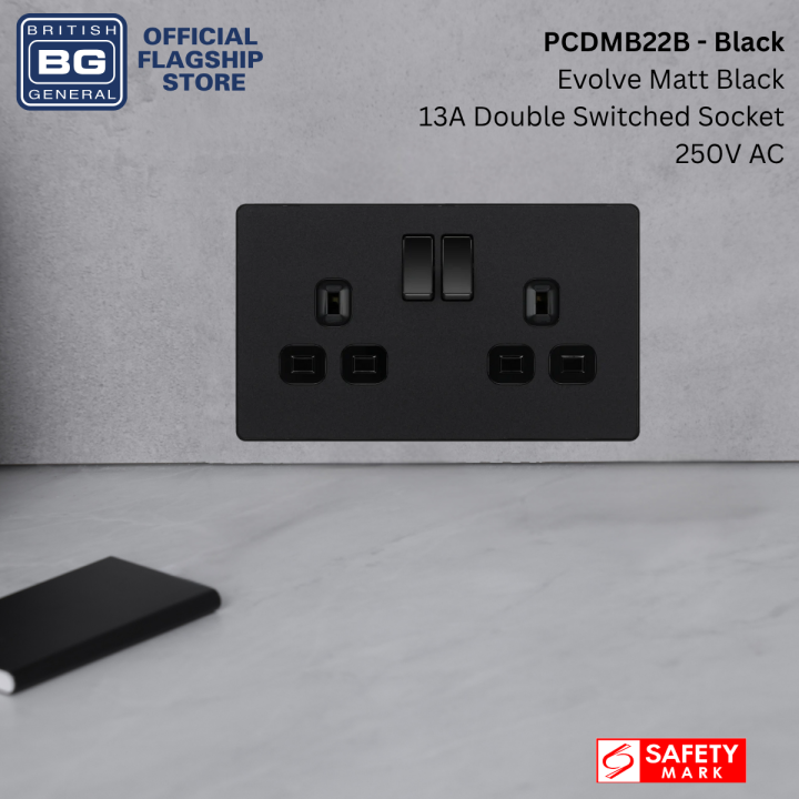 British General Evolve Matt Black 13A Double Switched Socket, 13A, 250V, Single pole (PCDMB22B ...
