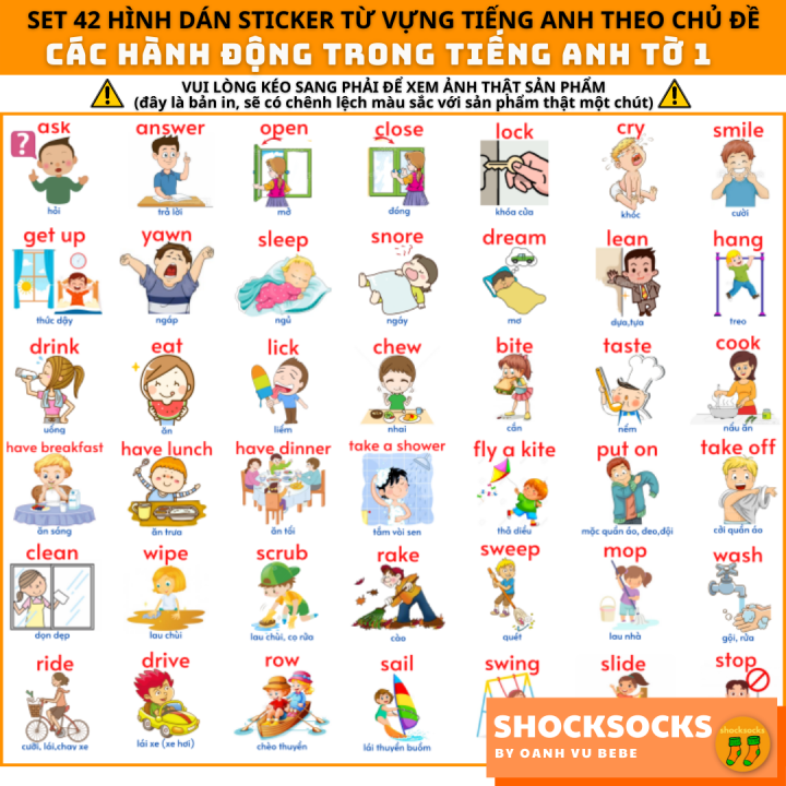 🔥SET 42 hình dán sticker từ vựng tiếng Anh chủ đề CÁC HÀNH ĐỘNG TRONG ...