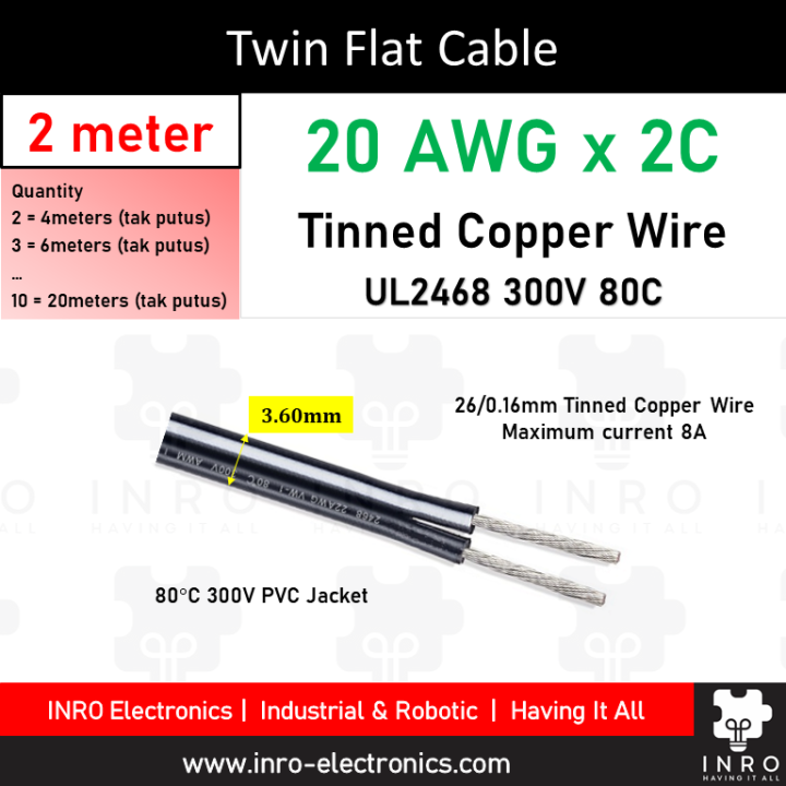 [1m, 2m, 5m] Twin Flat Cable (Wayar Berkembar) | 16 - 22 AWG, UL2468 ...