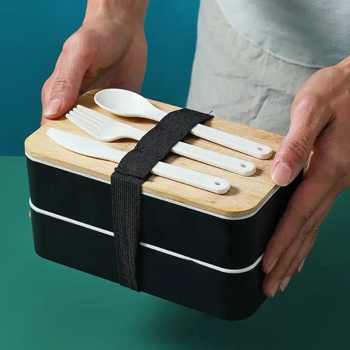 ARDIGI Japanese Bento 2 Layer Wooden Lunch Box with Spoon Fork and ...