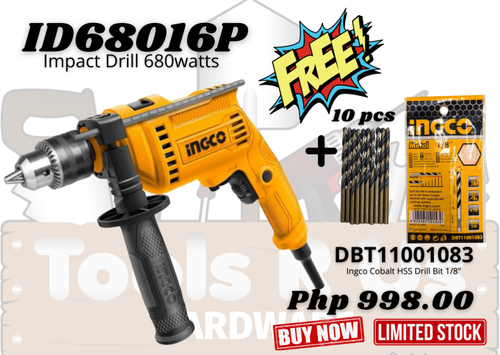 FREE 10PCS DRILL BIT 1/8" Ingco Impact Drill 680W ID68016P | Lazada PH