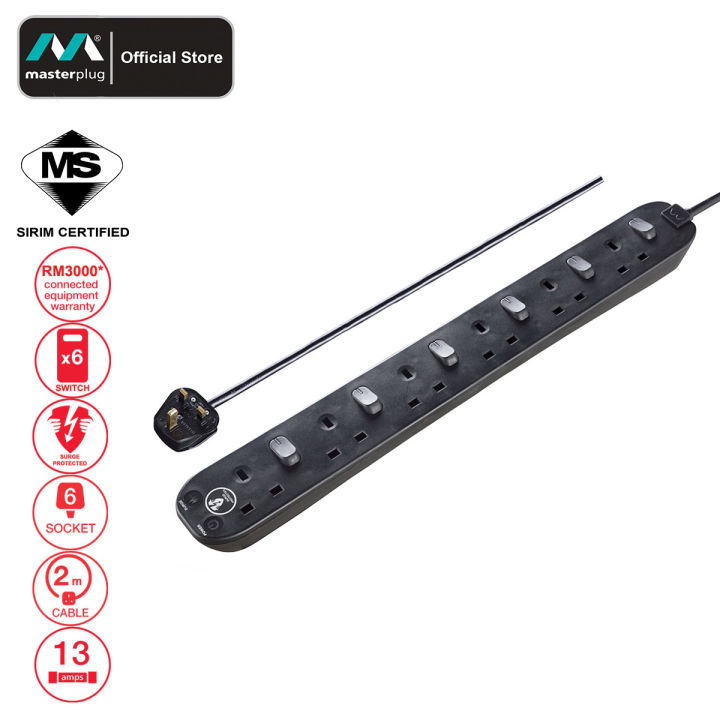 Masterplug Surge Protector 6 Gang 2 Meter Switched Extension Leads ...