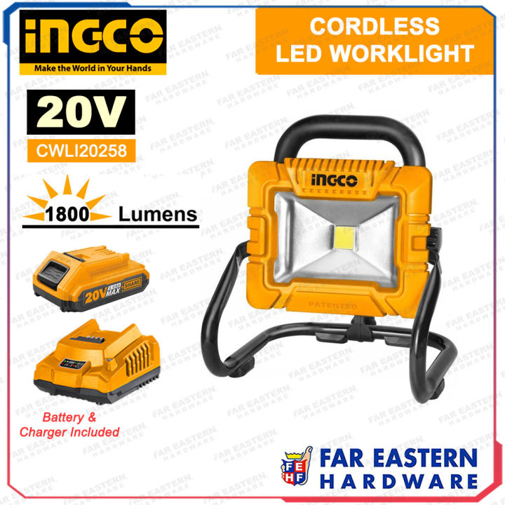 INGCO Cordless LED Worklight Portable Lamp 20V Work Light w/ Battery ...
